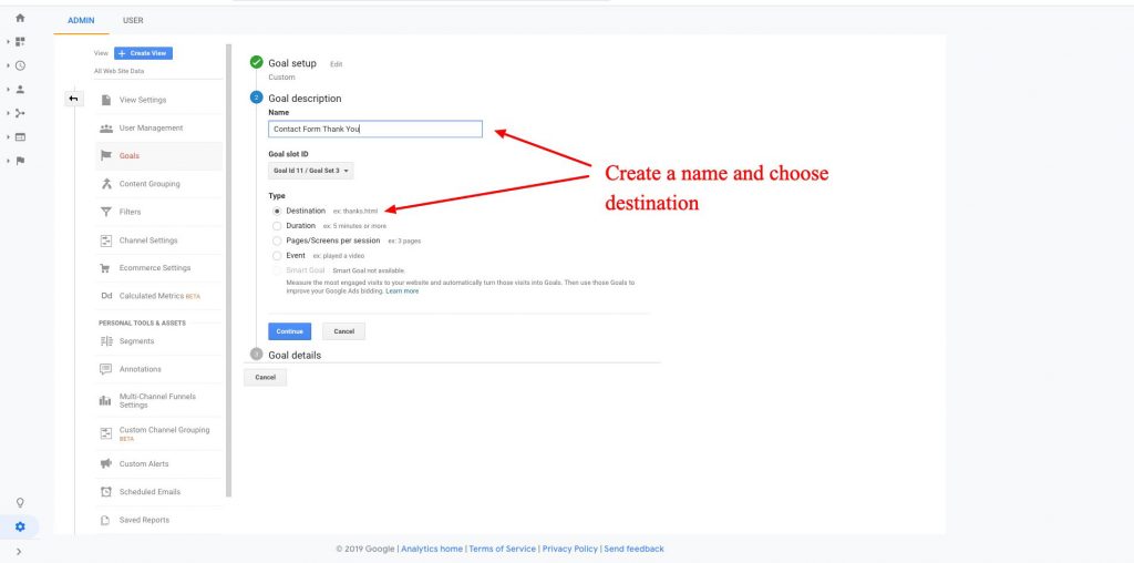 How to set up url destination conversion goals in Google analytics using wordpress and contact ...