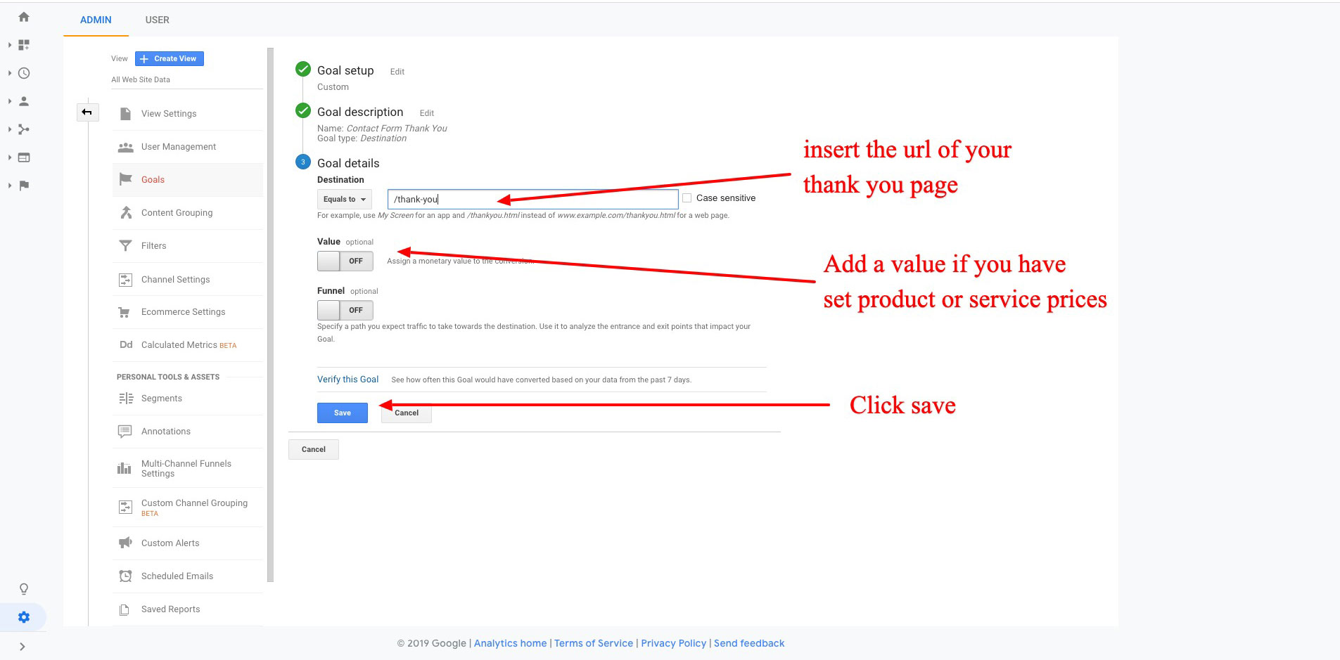 How to set up url destination conversion goals in Google analytics using wordpress and contact ...